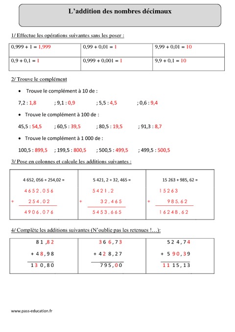 Addition des nombres décimaux – Cm2 – Révisions à imprimer - Pass Education