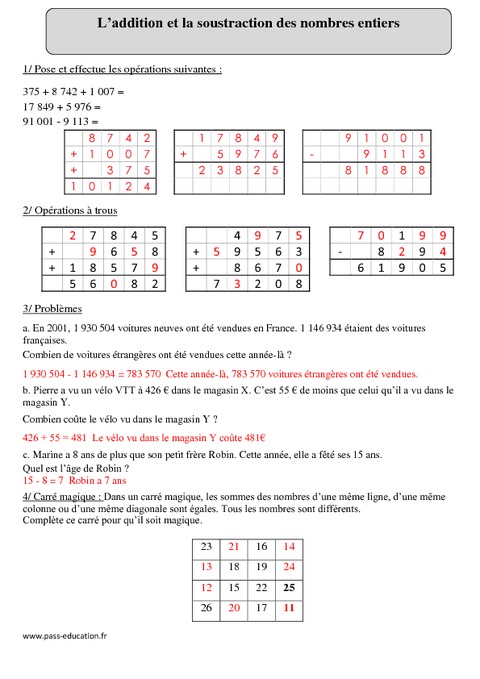 Addition et soustraction des nombres entiers – Cm2 – Exercices avec ...