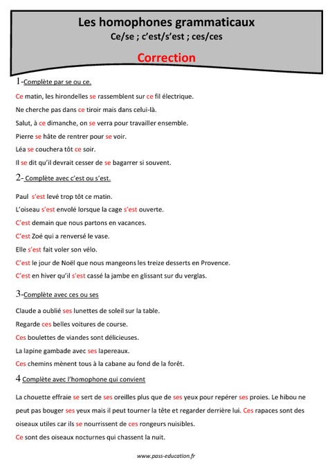 Ce - se ; c’est - s’est ; ces - ces - Homophones grammaticaux - Cm1 ...