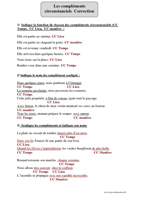 Compléments circonstanciels – Cm2 – Fiche d’exercices avec correction ... Compléments circonstanciels – Cm2 – Fiche d’exercices avec correction ...