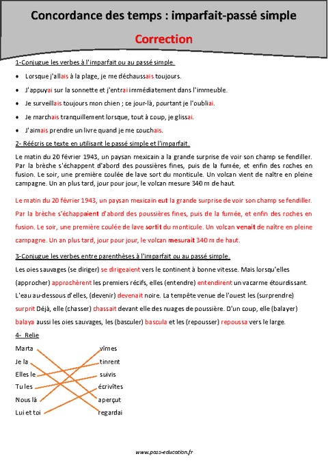 Concordance des temps - Imparfait - Passé simple - Exercices - Cm2 ...