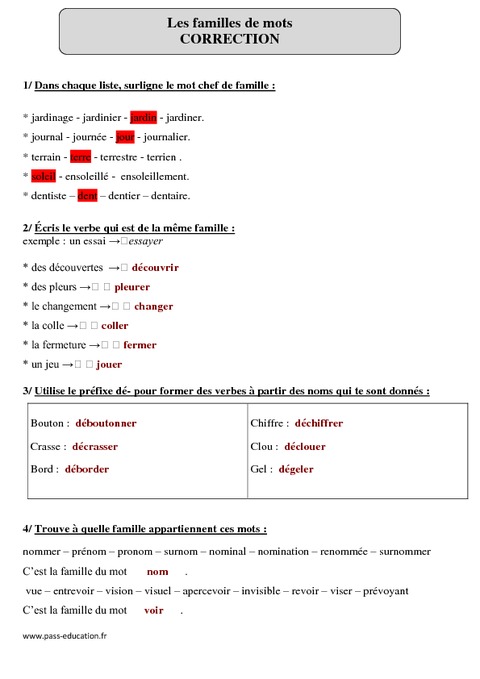 Familles de mots - Cm1 - Exercices à imprimer - Pass Education
