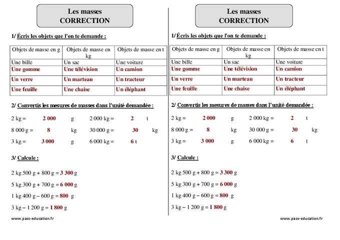 Masses g, kg – Ce2 – Exercices à imprimer - Pass Education