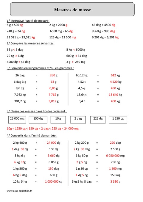 Mesures de masse – Masse g, kg - Cm2 – Exercices avec correction - Pass ...