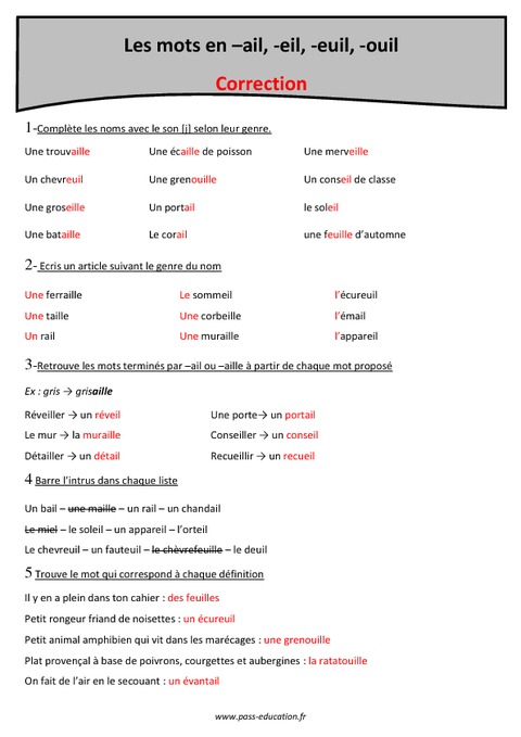 Mots en -ail, -eil, -euil, -ouil - Cm1 - Exercices à imprimer - Pass ...