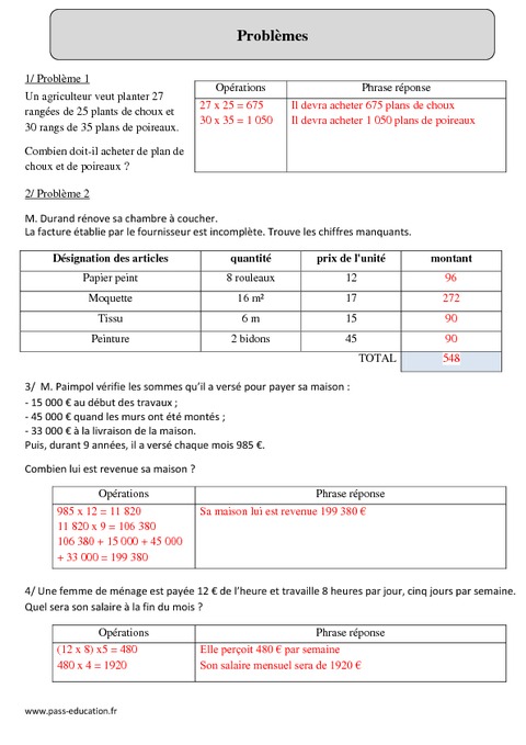 Produit - Multiplication – Problèmes – Cm2 – Exercices avec la correction - Pass Education