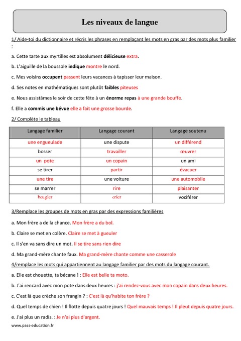 Niveaux de langue – Cm2 – Fiche d’exercices avec correction - Pass ... Niveaux de langue – Cm2 – Fiche d’exercices avec correction - Pass ...