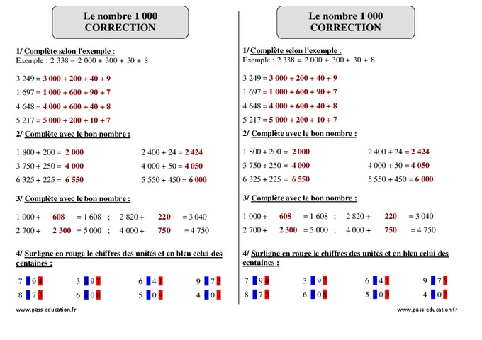 Nombre 1 000 – Ce2 – Exercices à imprimer - Pass Education