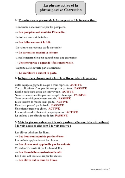 Phrase active – Phrase passive – Cm2 – Fiche d’exercices avec ... Phrase active – Phrase passive – Cm2 – Fiche d’exercices avec ...