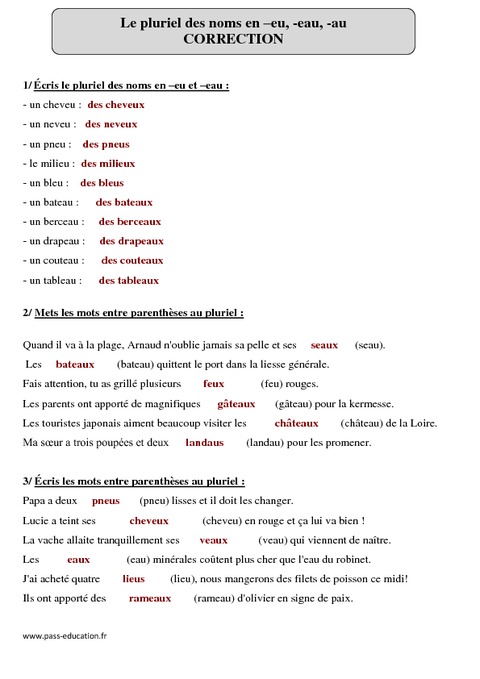 Pluriel des noms en –eu, -eau, -au – Cm1 – Exercices à imprimer - Pass ...