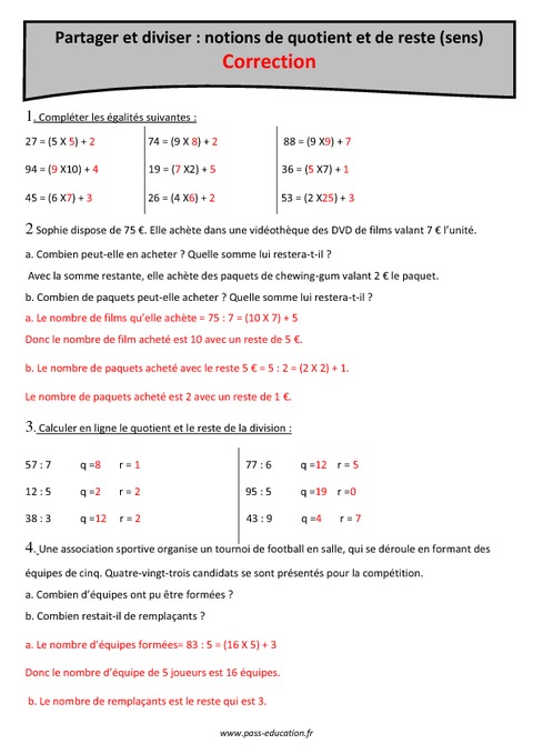 Quotient et reste - Partager et diviser - Sens de la division - Cm1 ...