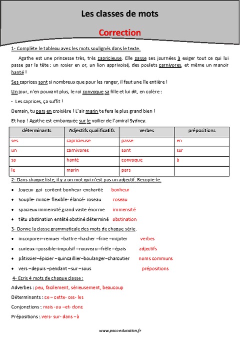 Révisions – Classes de mots – Cm2 - Grammaire - Pass Education