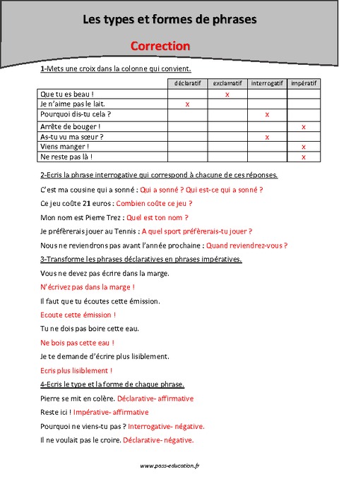 Révisions – Types et formes de phrase – Cm2 - Grammaire - Pass Education