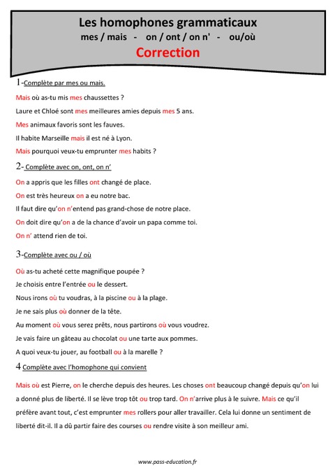mes - mais; on - ont - on n'; ou - où – Cm1 – Exercices sur les ...