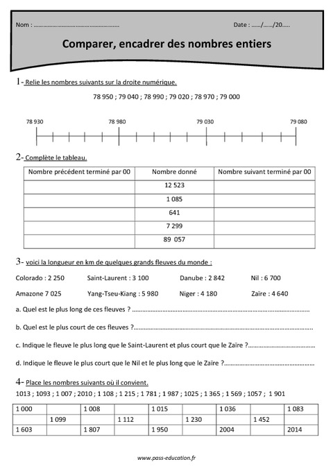 Encadrer, comparer des nombres entiers - Cm1 - Exercices à imprimer ...