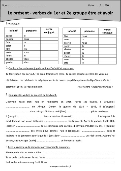 Etre et avoir - Présent – Verbes du 1er et 2e groupe – Cm1 – Exercices ...