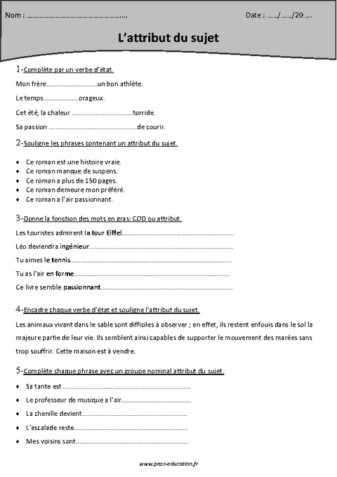 Exercices avec correction – Attribut du sujet – Cm2 - Pass Education