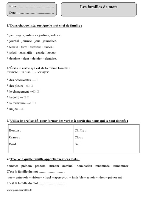 Familles de mots - Cm1 - Exercices à imprimer - Pass Education