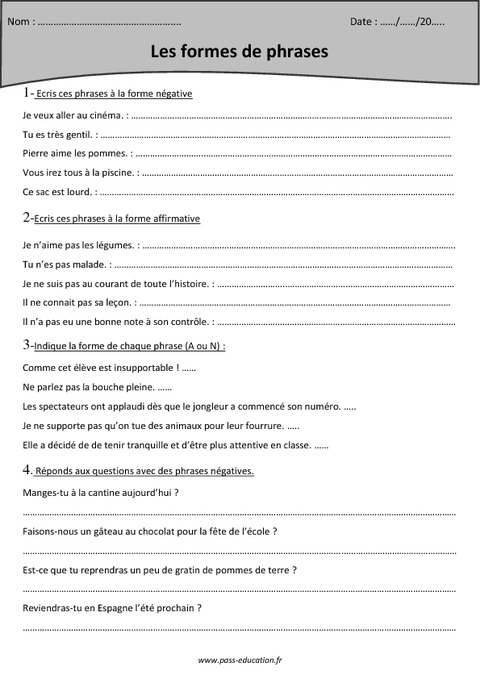 Affirmative - Négative - Formes de phrases - Cm1 - Exercices à imprimer ...