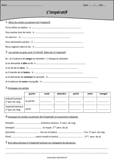 Impératif - Présent - Cm1 - Exercices à imprimer - Pass Education