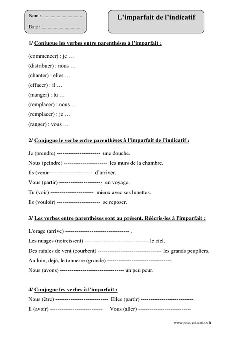 Imparfait – Cm2 – Fiche d’exercices avec correction - Pass Education