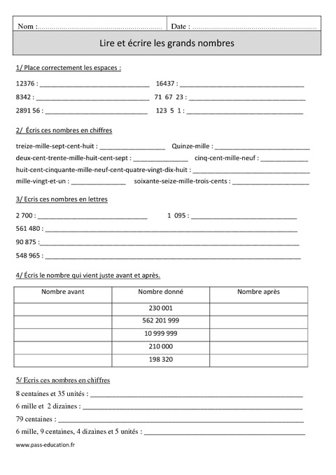 Lire et écrire les grands nombres – Cm1 – Exercices à imprimer - Pass ...
