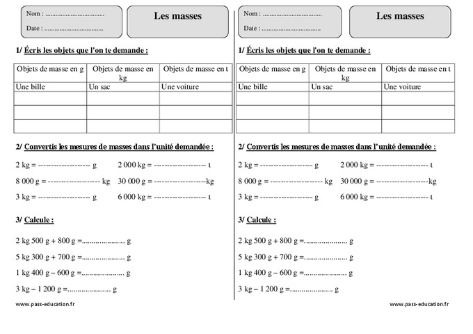 Masses g, kg – Ce2 – Exercices à imprimer - Pass Education