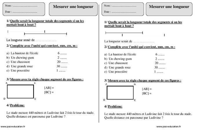 Mesurer une longueur cm, m, km – Ce1 – Exercices avec correction - Pass ...