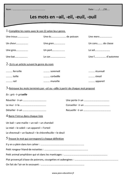 Mots en -ail, -eil, -euil, -ouil - Cm1 - Exercices à imprimer - Pass ...