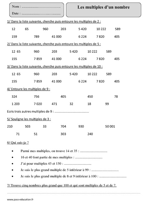 Multiples d'un nombre – Cm2 – Révisions avec correction - Pass Education