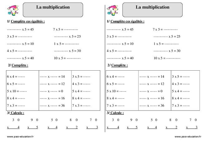 Multiplication - Ce1 - Exercices à imprimer - Cycle 2 - Pass Education