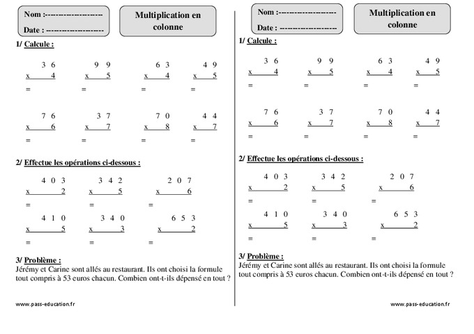 Multiplication en colonne – Ce1 – Exercices avec correction - Pass ...