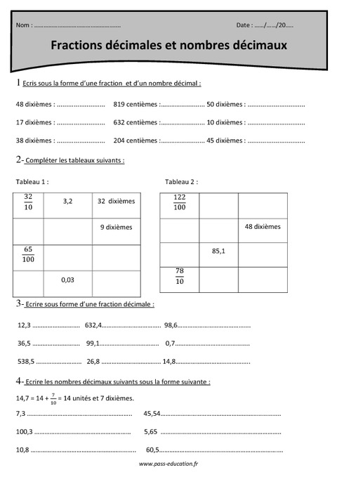 Nombres décimaux et fractions décimales – Cm1 – Exercices avec ...