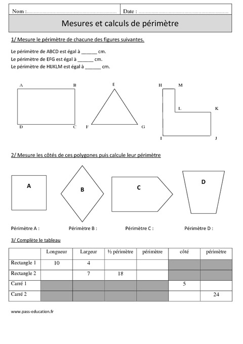 Périmètre – Cm1 – Exercices à imprimer - Pass Education