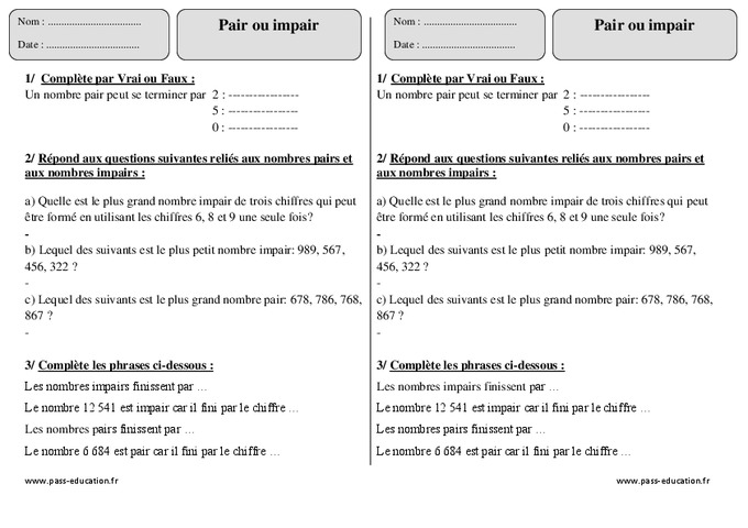 Pair ou impair – Ce1 – Exercices à imprimer - Pass Education