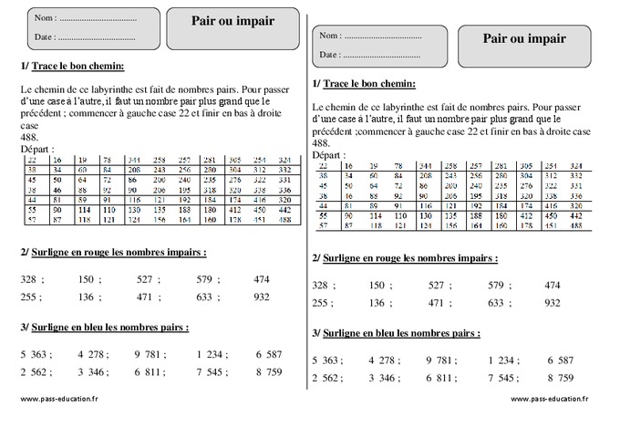 Pair ou impair – Ce2 – Exercices avec correction - Pass Education