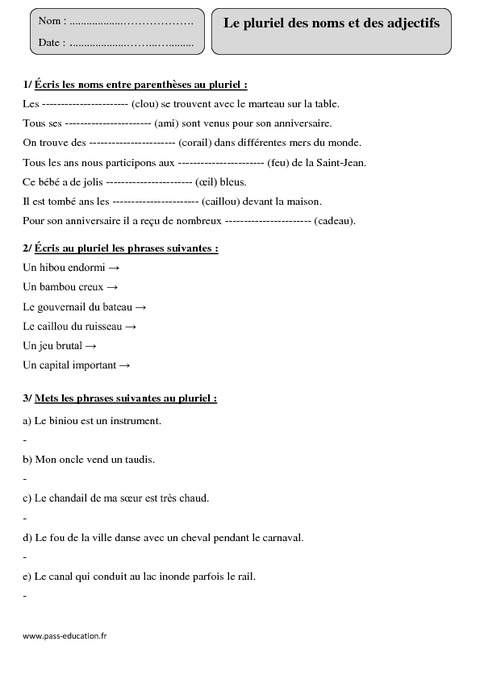 Pluriel des noms et des adjectifs – Cm1 – Révisions à imprimer - Pass ...