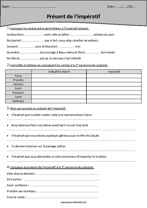 Présent de l'impératif - Cm2 - Exercices avec correction - Pass Education