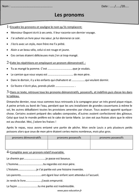 Pronoms – Cm2 – Exercices à imprimer - Pass Education