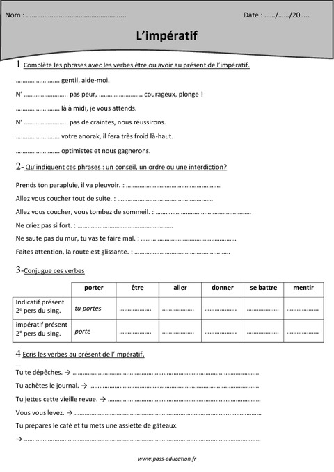 Présent de l'impératif - Exercices - Cm1 - Pass Education