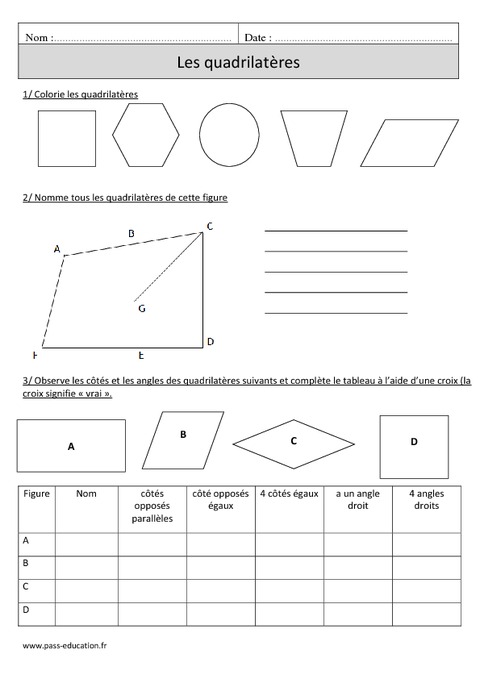 Quadrilatères – Cm1 – Exercices avec correction - Pass Education