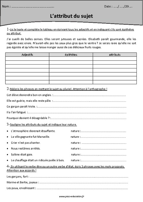 Attribut du sujet – Cm2 - Exercices - Grammaire - Pass Education