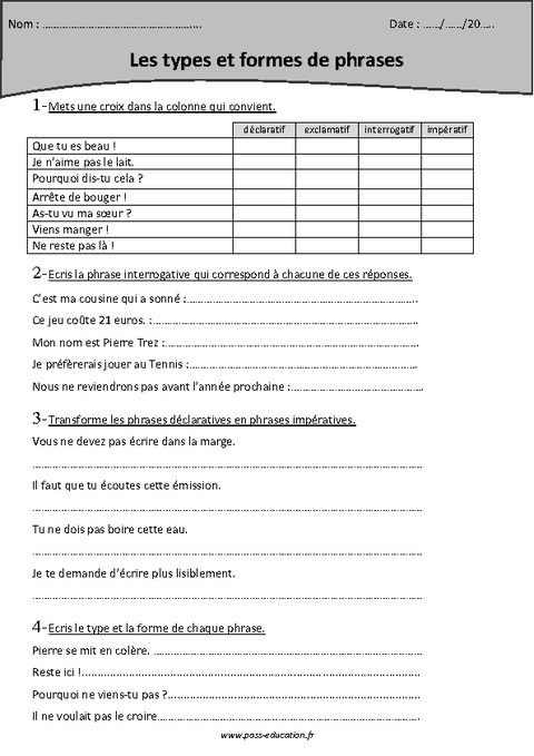 Révisions – Types et formes de phrase – Cm2 - Grammaire - Pass Education