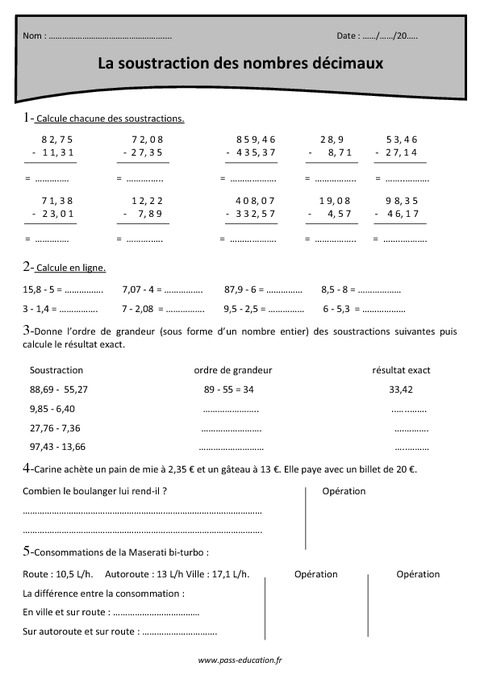 Nombres décimaux - Cm1 - Exercices soustraction avec retenue - Pass ...
