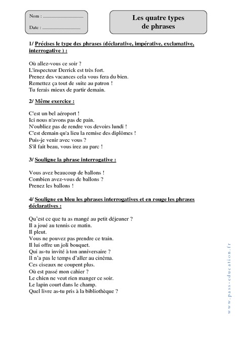 Types de phrases: déclarative, impérative, exclamative, interrogative ...