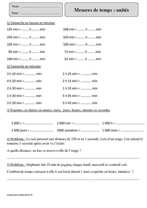 Unités - Mesures de temps – Cm2 – Exercices à imprimer - Pass Education