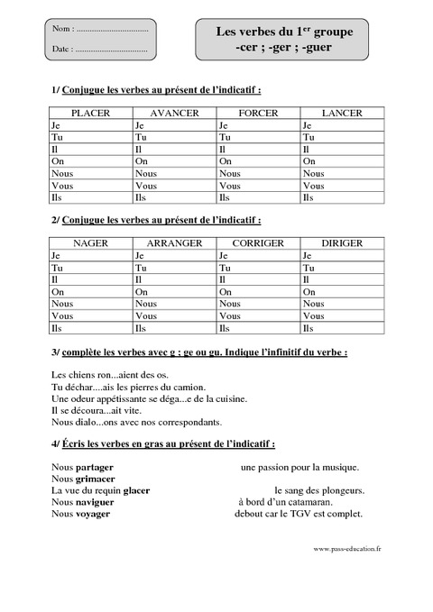 Verbes du 1er groupe -cer ; -ger ; -guer – Cm1 – Exercices avec ...