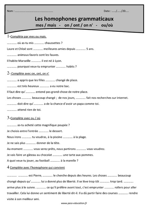 mes - mais; on - ont - on n'; ou - où – Cm1 – Exercices sur les ...