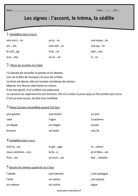 Accent, tréma et cédille - Cm1 - Exercices sur les signes - Pass Education