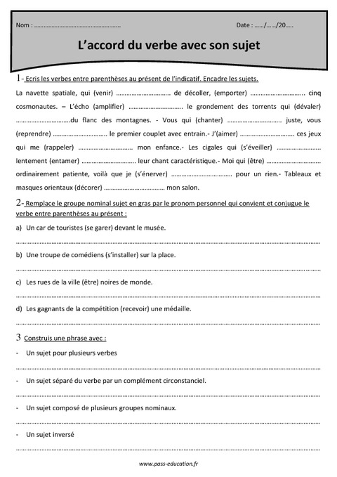 Accorder le verbe avec son sujet - Cm2 - Exercices corrigés - Pass ...